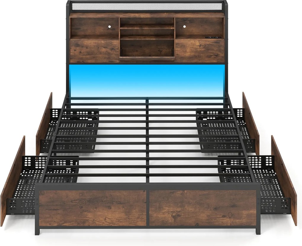 Costway Rám postele s LED osvětlením a nabíjecí stanicí rustikálně, 200 x 160 cm