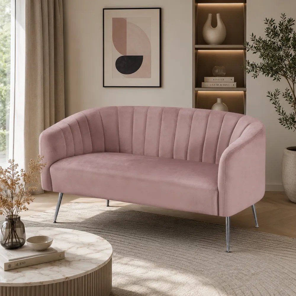 Designový 2-sed, růžová Velvet látka/chrom-stříbrný, BAGY