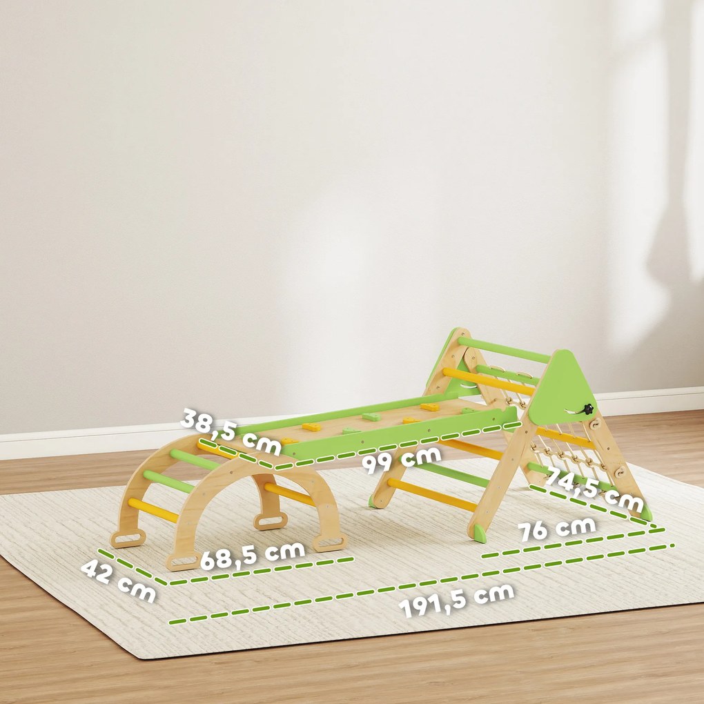 AIYAPLAY 8v1 Montessori lezecký rám Indoor dřevěný lezecký trojúhelník s lezeckým obloukem, oboustranná skluzavka, zelená