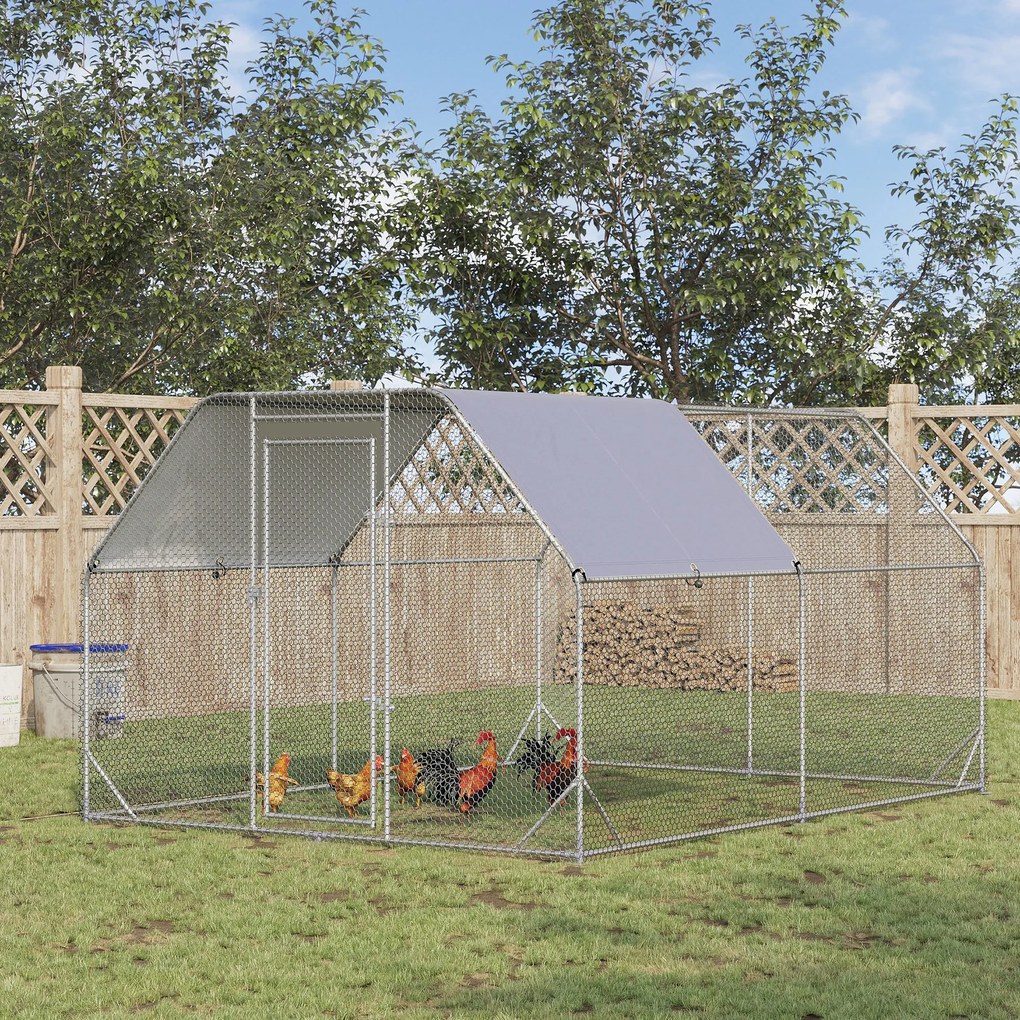 PawHut kurník pro volný výběh pro 10-12 kuřat s dvířky a střechou s vodoodpudivou ochranou proti slunci, Oxford/stříbrná 280x380x195cm