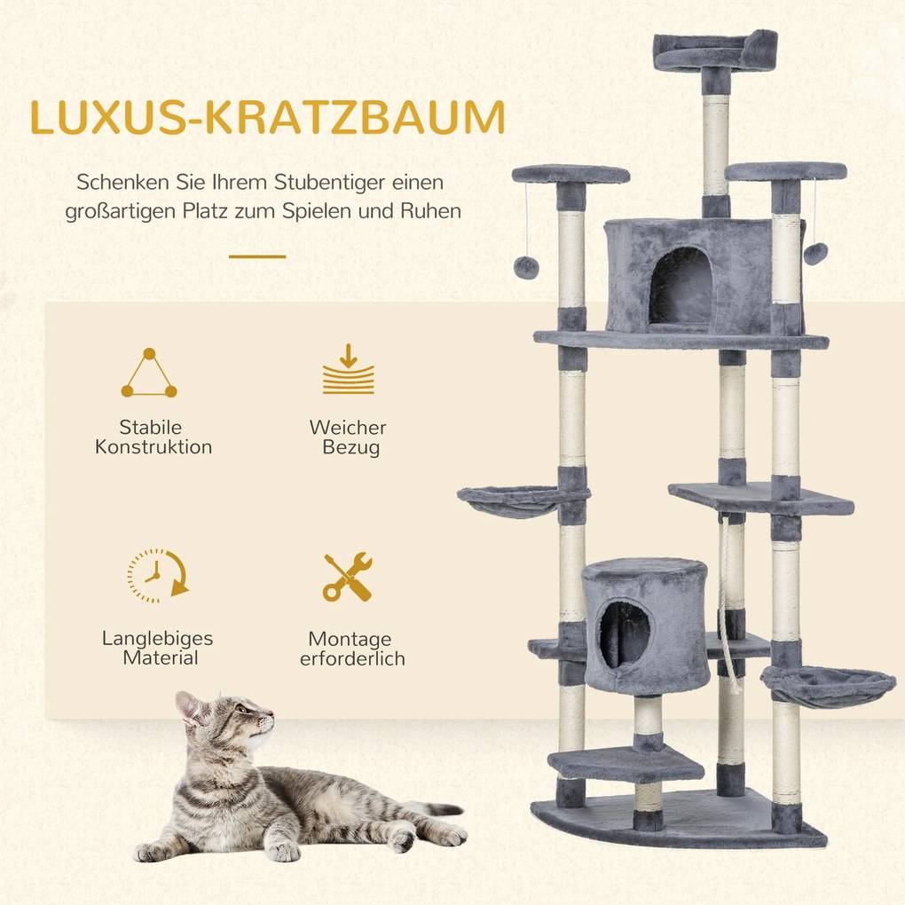 Škrabadlo PawHut velké 200 cm XXL kočičí strom s houpacími sítěmi pro velké kočky ve světle šedé barvě | Aosom.de