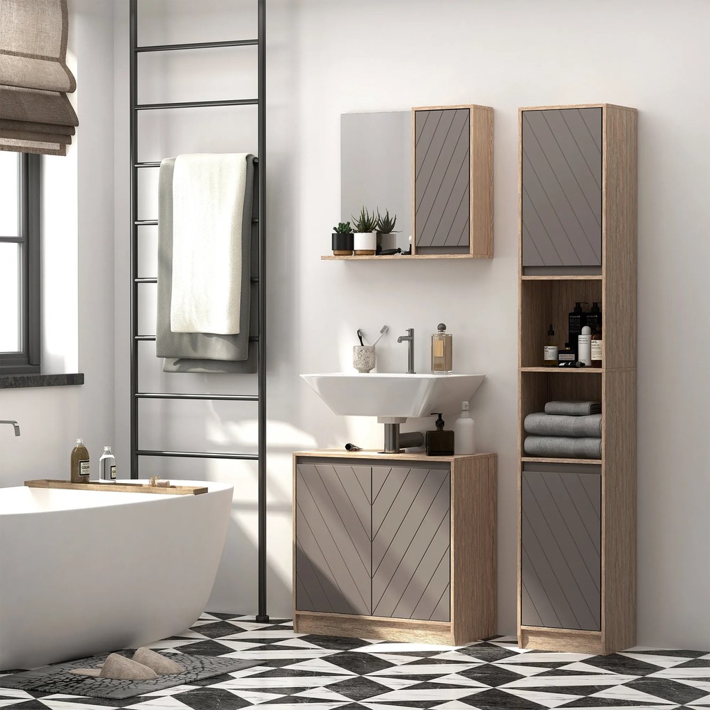 HOMCOM Koupelnová skříňka se zrcadlem, nástěnný pomocný nábytek s 1 dveřmi a nastavitelnou policí, moderní styl 57x14,2x49,2 cm, dubová a šedá