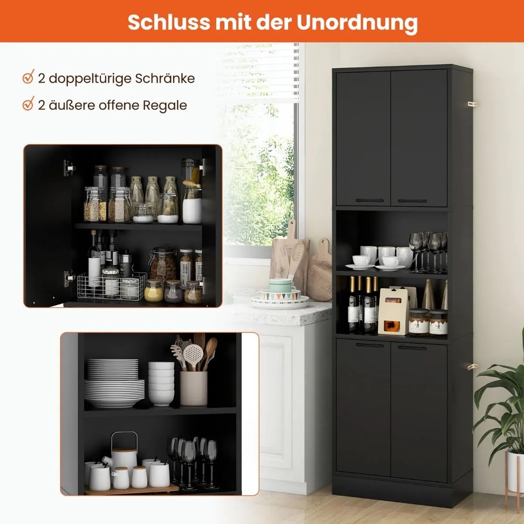 Costway 190 cm vysoká kuchyňská skříň, úložná vysoká s dvířky, černý