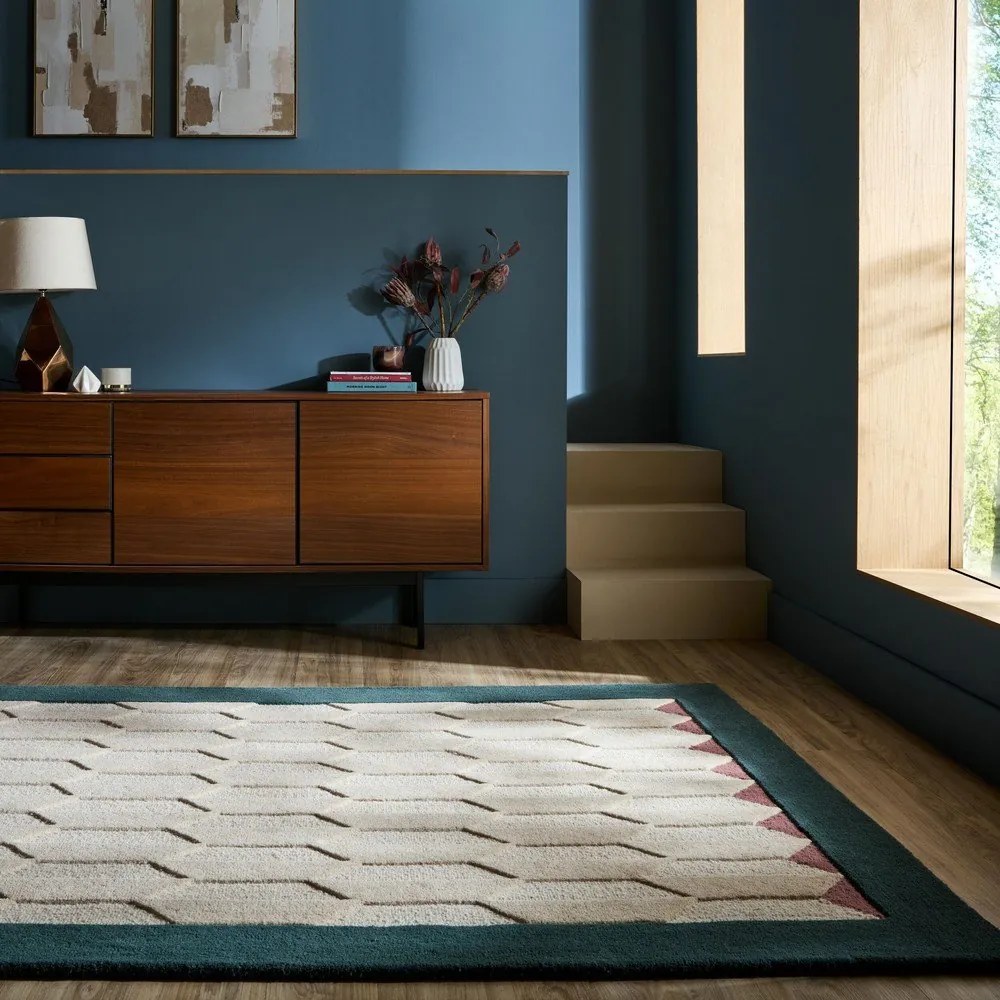 Ručně tkaný vlněný koberec v přírodní barvě/zelenomodrý 120x170 cm Apex Border Wool – Flair Rugs