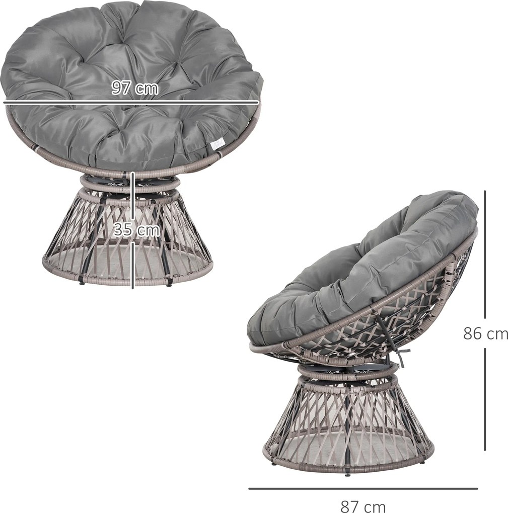 Outsunny Synthetic Rattan Otáčecí Papasan Křeslo Oválné Wicker PE Křeslo s Polštářem a Ocelovým Rámem Nosnost 160 kg pro Zahradu, Patio, Terasu 87x97…