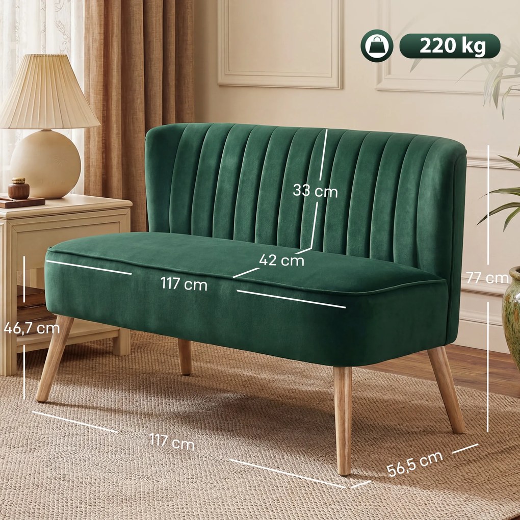HOMCOM dvoumístná pohovka — kompaktní sametová pohovka do obýváku, ložnice a menších prostor, 117 × 56,5 × 77 cm