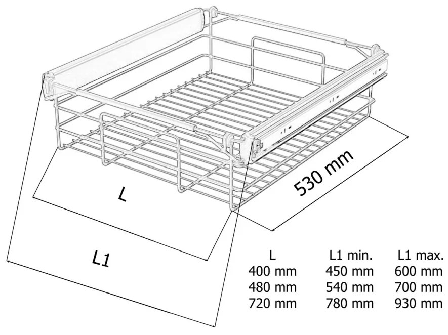 In-Design Koš na prádlo plný výsuv tlumené zavírání stříbrná Šířka koše (mm): 480 mm, Minimální nastavitelná šířka: 540 mm, Maximální nastavitelná šířka: 700 mm