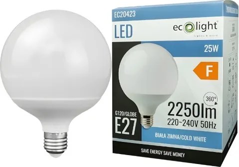 LED žárovka E27 25W 2250lm 6500K Velká koule studená bílá GLOBE G120