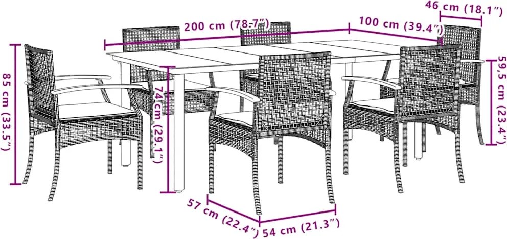 7dílný zahradní jídelní set s poduškami šedý polyratan 3213622