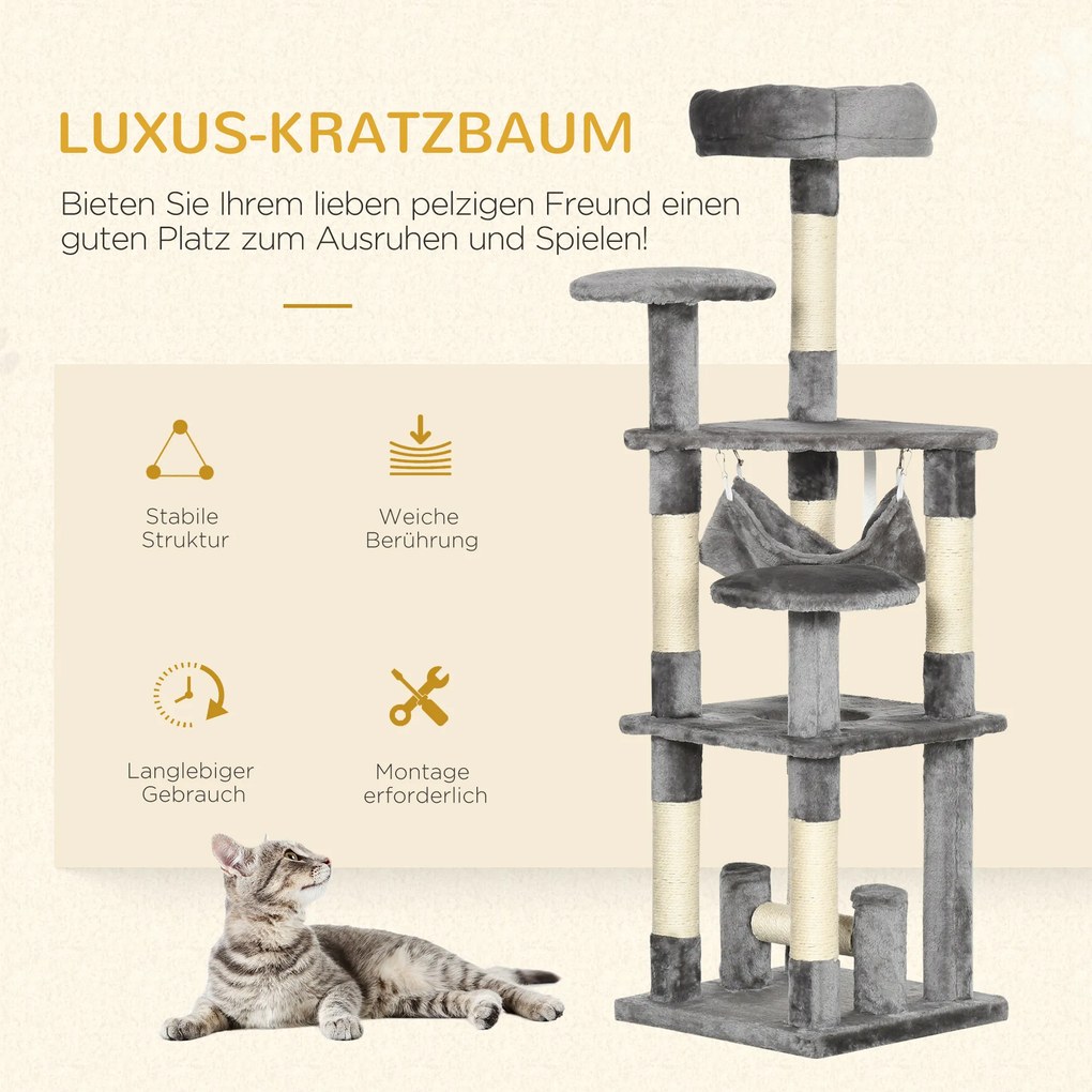 PawHut Kočičí strom Škrabací sloupek Kočičí hrací věž Kočičí šplhací strom Škrabací sloupek Houpací síť Šedá L40 x Š40 x V132 cm