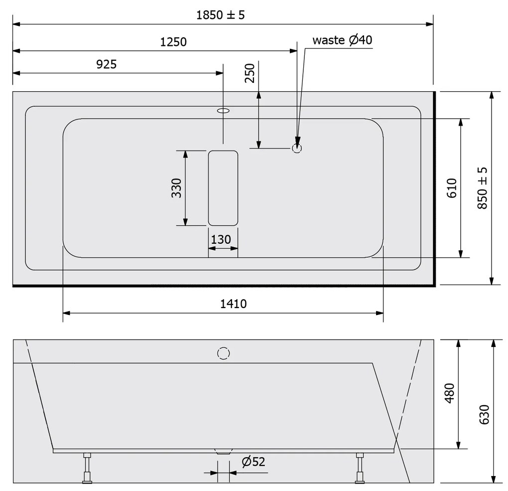 Polysan MARLENE L MONOLITH obdélníková vana 185x85x63cm, bílá, 71607ML