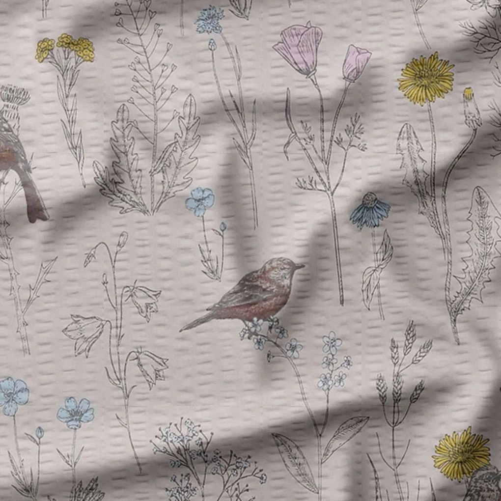 Krepové povlečení Ptáčci v kvítí - smetanové Velikost: 140 x 200 + 70 x 90