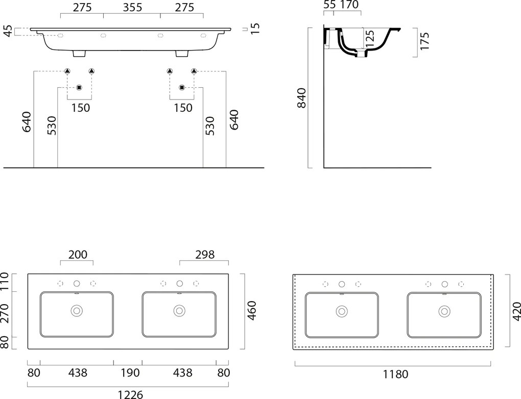 GSI Pura dvojumyvadlo Slim 122 x 46 cm s otovrem pro baterii s přepadem keramické bílá Extra Glaze 8888111