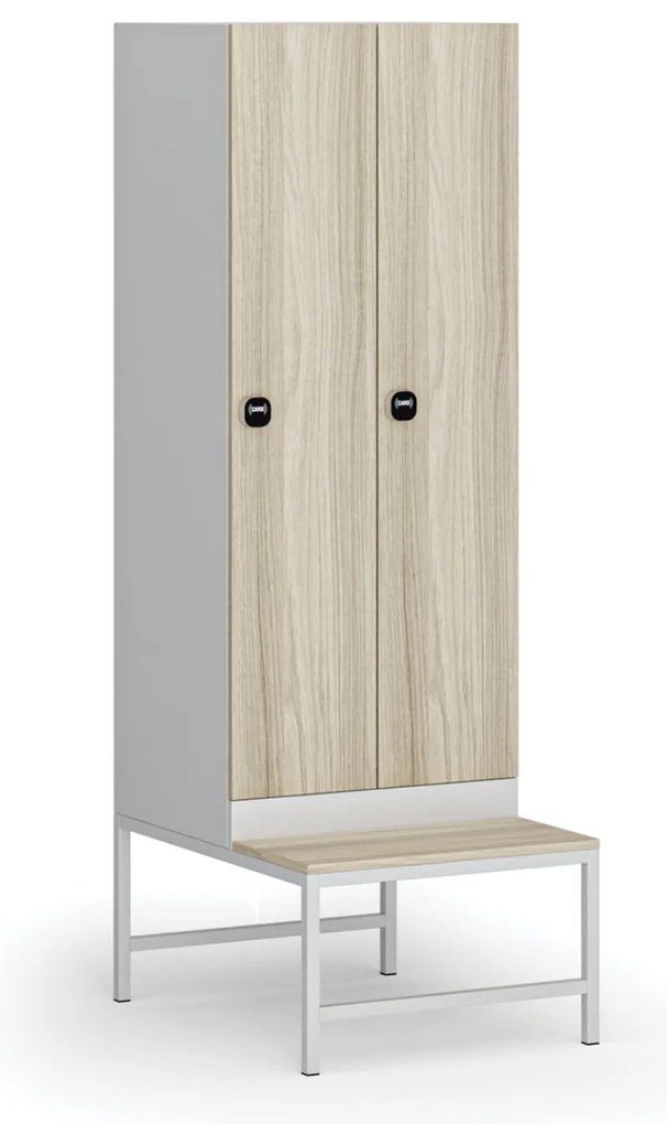 Šatní skříňka S1 s lavičkou, 2 oddíly, 1875 x 600 x 500/800 mm, RFID zámek, laminované dveře, dub přírodní