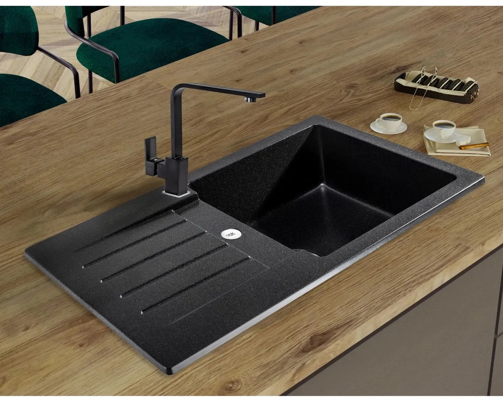 Sink Quality Natalie, kuchyňský granitový dřez 770x450x170 mm + chromový sifon, černá skvrnitá-BROCADE, SKQ-NAT.B.1KDO.X