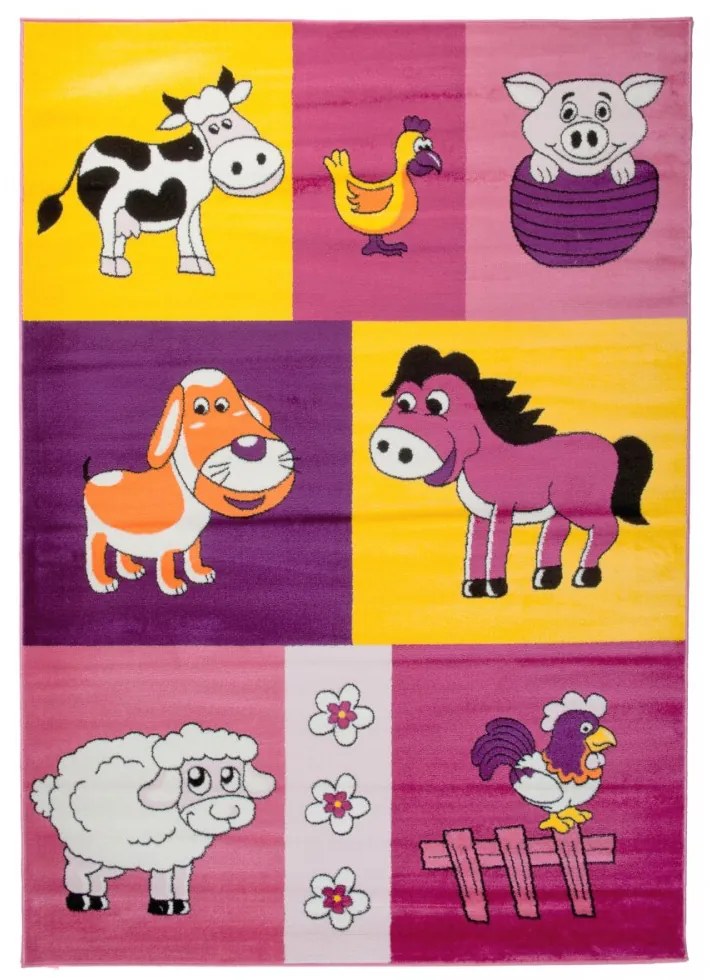 Dětský kusový koberec Zvířata z farmy fialový, Velikosti 140x190cm