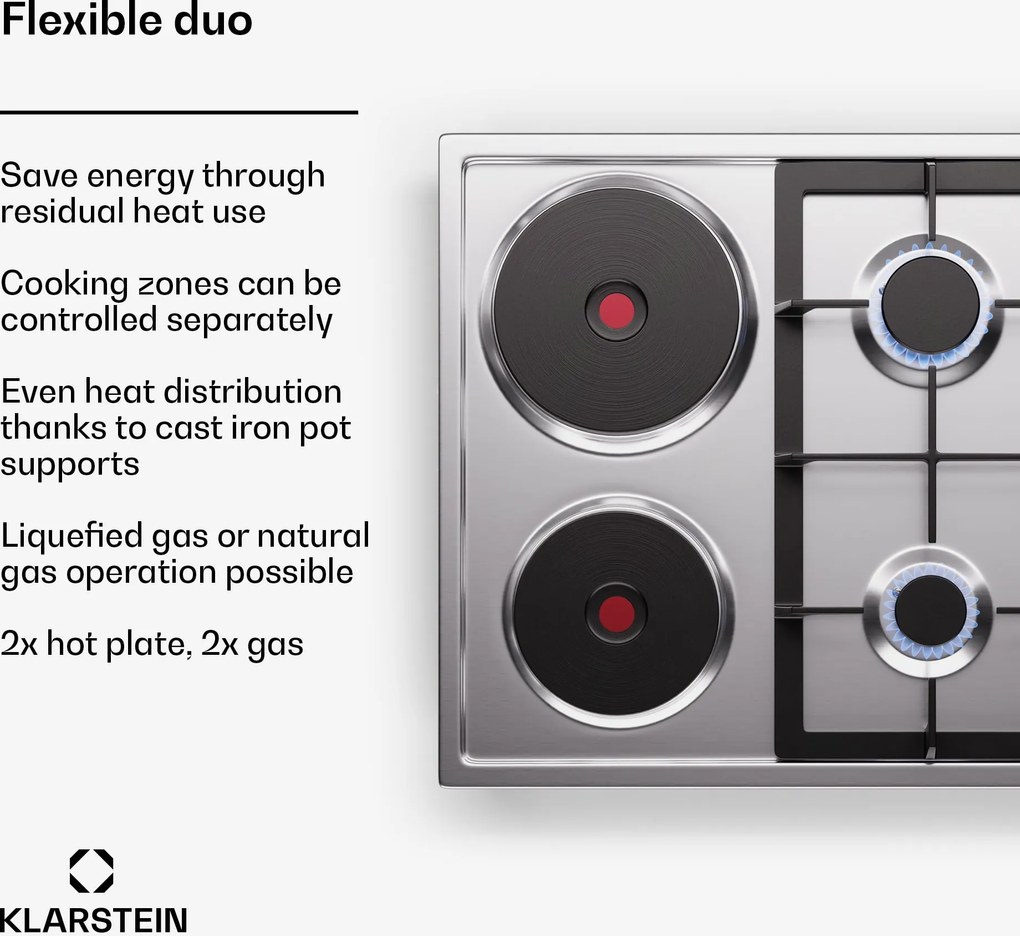 Klarstein MultiChef 4 Hot Plate, elektrická a plynová varná deska, 4 varné zóny, 2 hořáky, 2 elektrické plotýnky