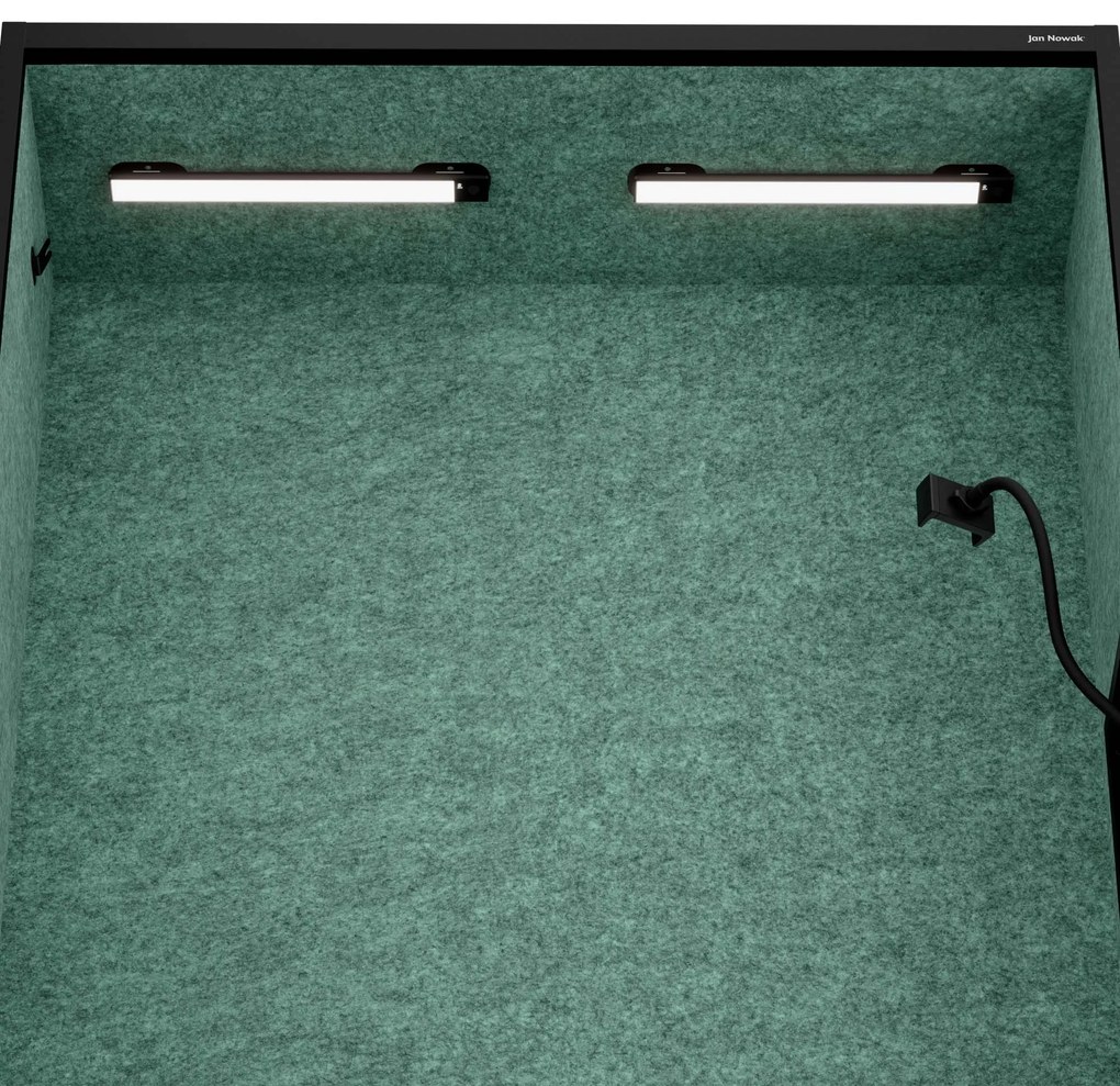 Kancelářská akustická kabina se sedátkem a USB-C portem, korpus černý / sedák zelený, 1150 mm: SALLY MentalBox