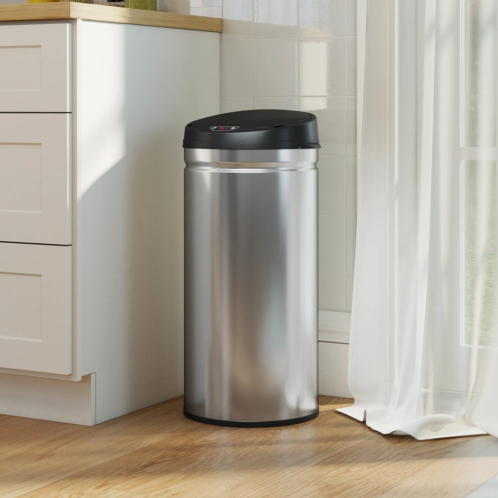 HOMCOM 42l senzorem řízený odpadkový koš s funkcí Soft-Close, bezdotykový odpadkový koš z nerezové oceli pro hygienické kuchyně 851-048V00SR