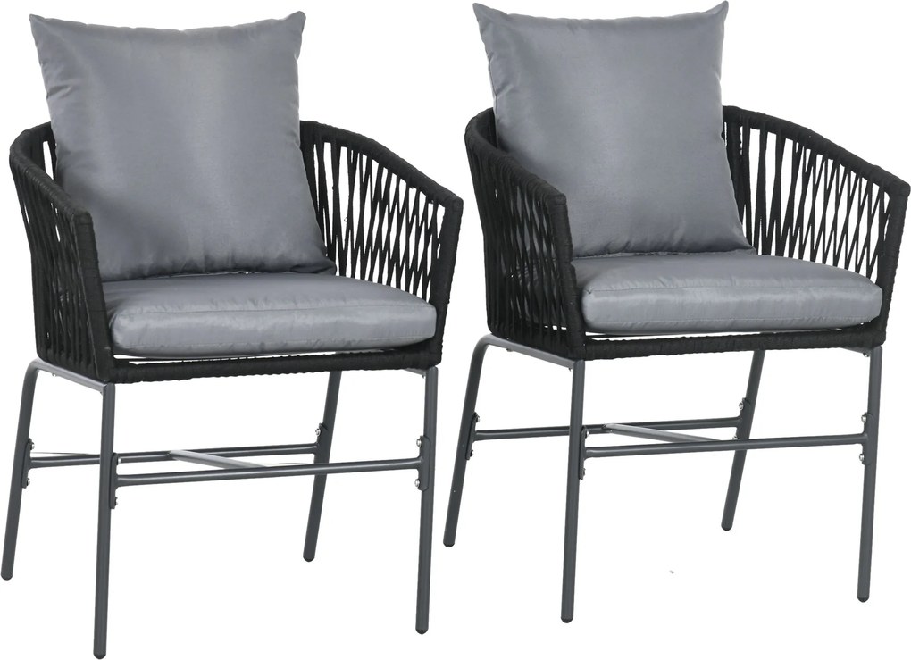 Sada 2 zahradních židlí Outsunny s polštáři, nosnost až 120 kg, zakřivený sedák ve stylu boho, kovový rám 57 x 60 x 71 cm, černá