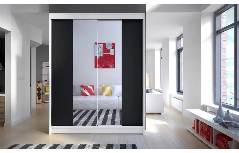 Šatní skříň Belgia II, Barva: bílá + černá + zrcadlo, Osvětlení: osvětlení LED RGB - barevné