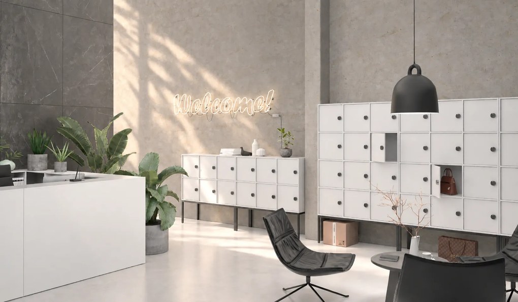 Kancelářská skříň FRAME, 6x dveře, prostor pro TV, 1299 x 450 x 2162 mm, kódový zámek, bílá