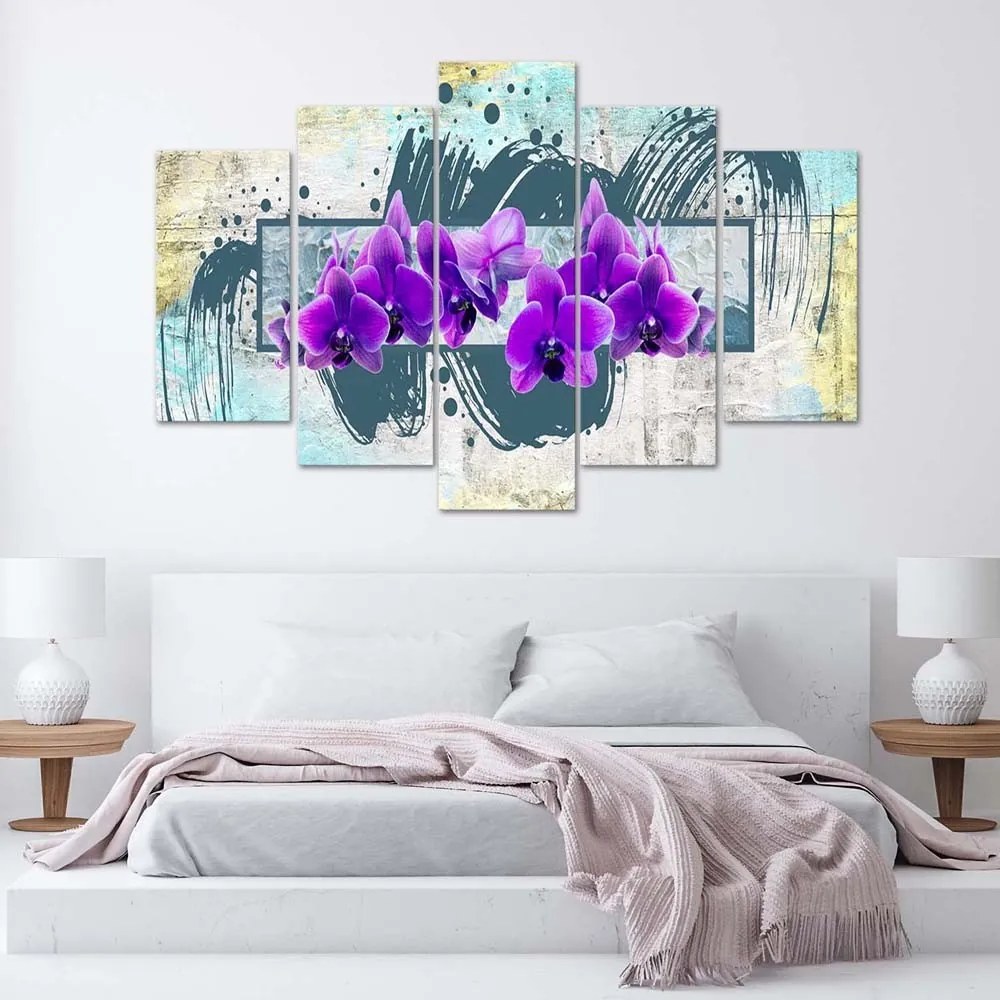 Obraz na plátně pětidílný Orchidej Fialový květ - 200x100 cm