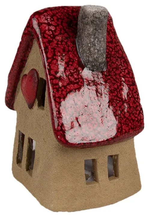 Keramický domeček na svíčku s červenou střechou a srdcem Sevrin II – 12x9x16 cm
