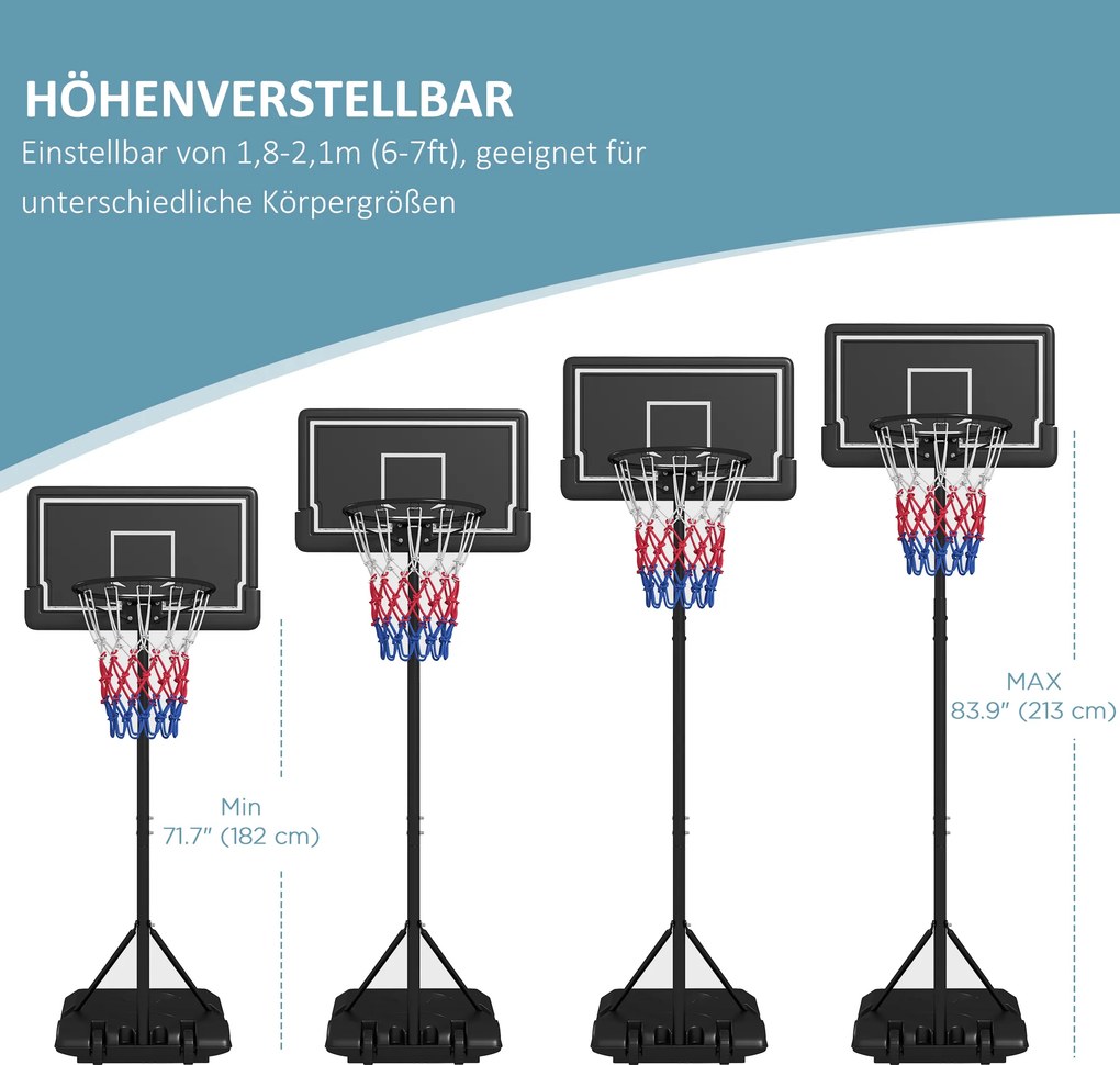 Basketbalový koš SPORTNOW s nastavitelným stojanem a kolečky, odolná deska, 182-213 cm