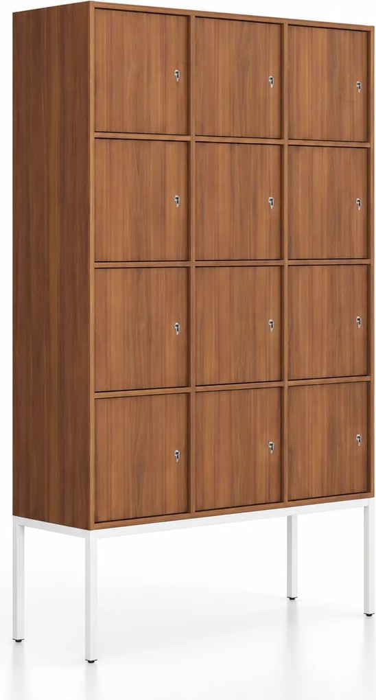 Kancelářská skříň FRAME, bílá podnož, 12x dveře, 1299 x 450 x 2185 mm, cylindrický zámek, ořech