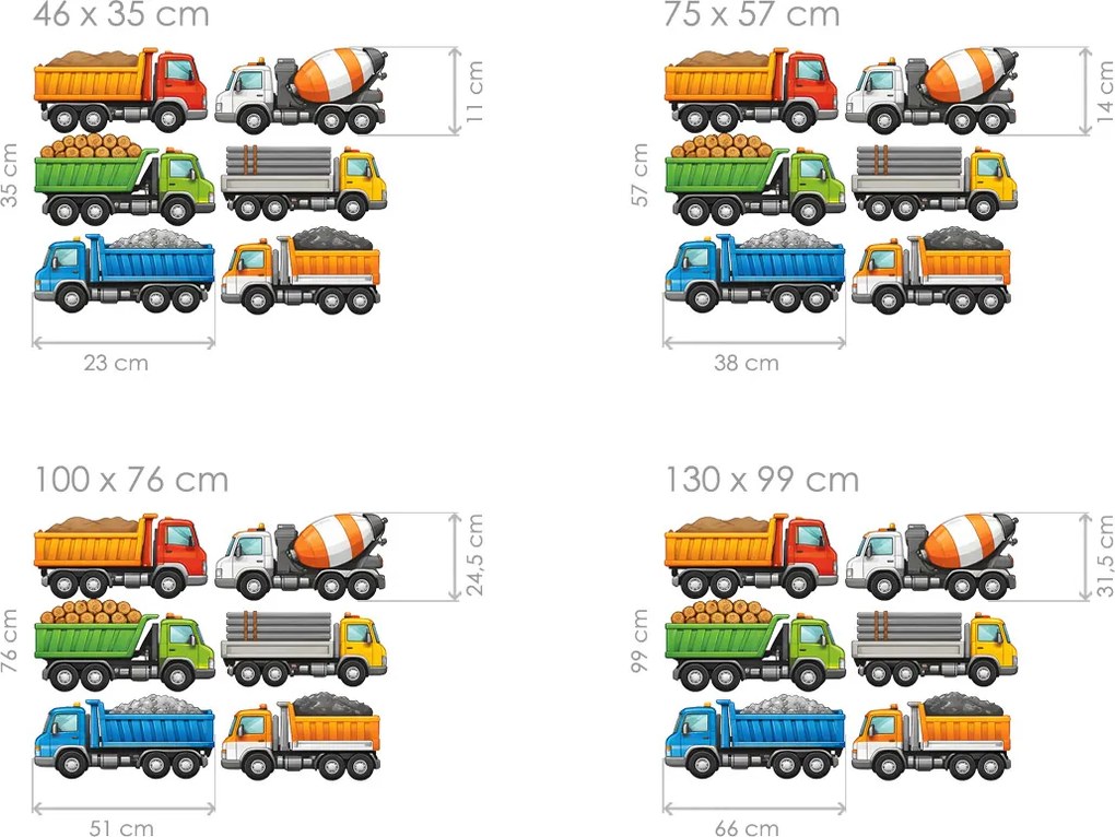Náklaďáčky textilní přelepitelné samolepky na zeď arch 46 x 35 cm