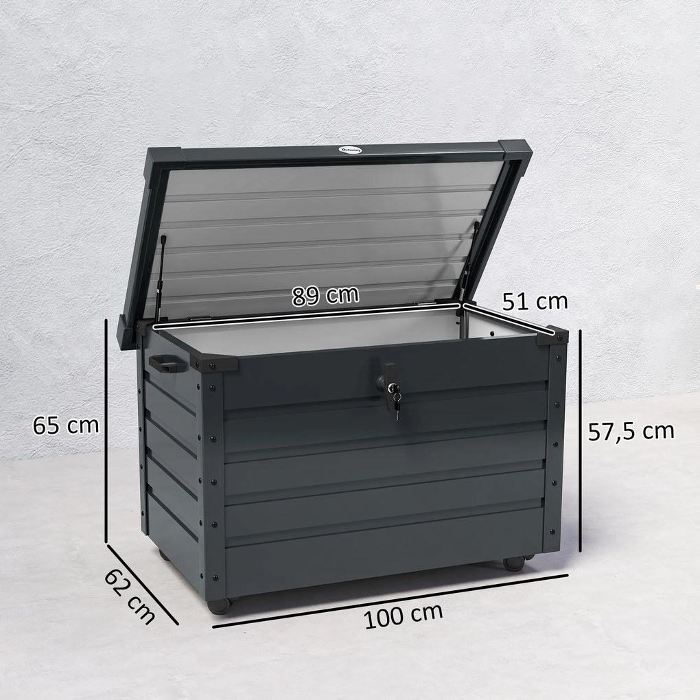Zahradní box Outsunny, úložný box na kolečkách, úložný box se zámkem, rukojeť, zahradní truhla na balkon, terasu 100 x 62 x 65 cm, tmavě šedý