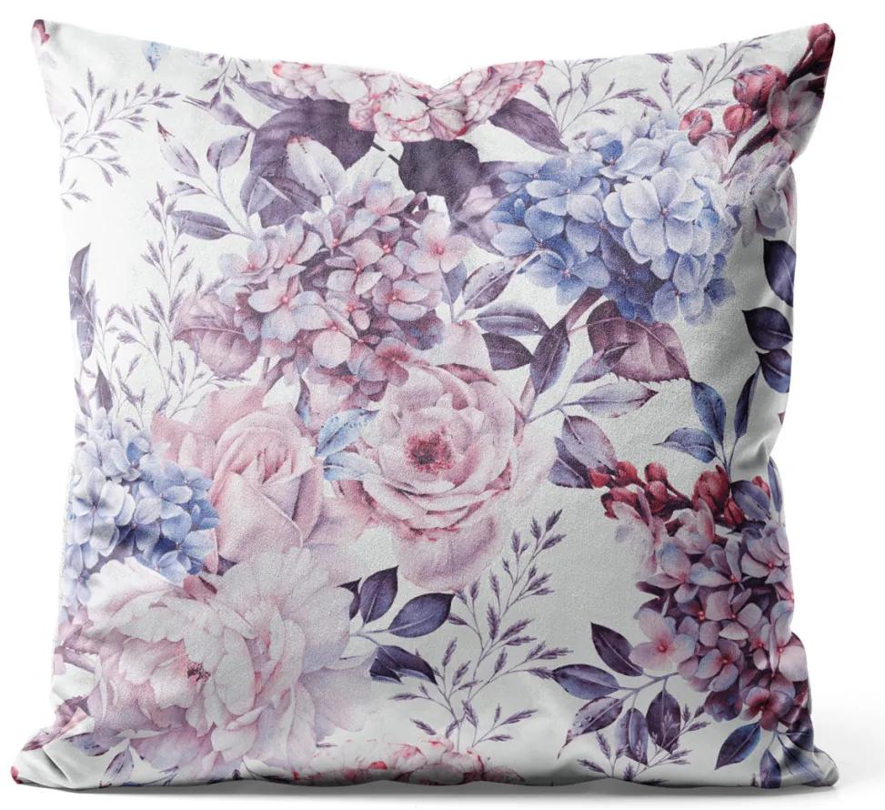 Dekorační velurový polštář Jarní kompozice - květiny v odstínech růžové a modré welurowá