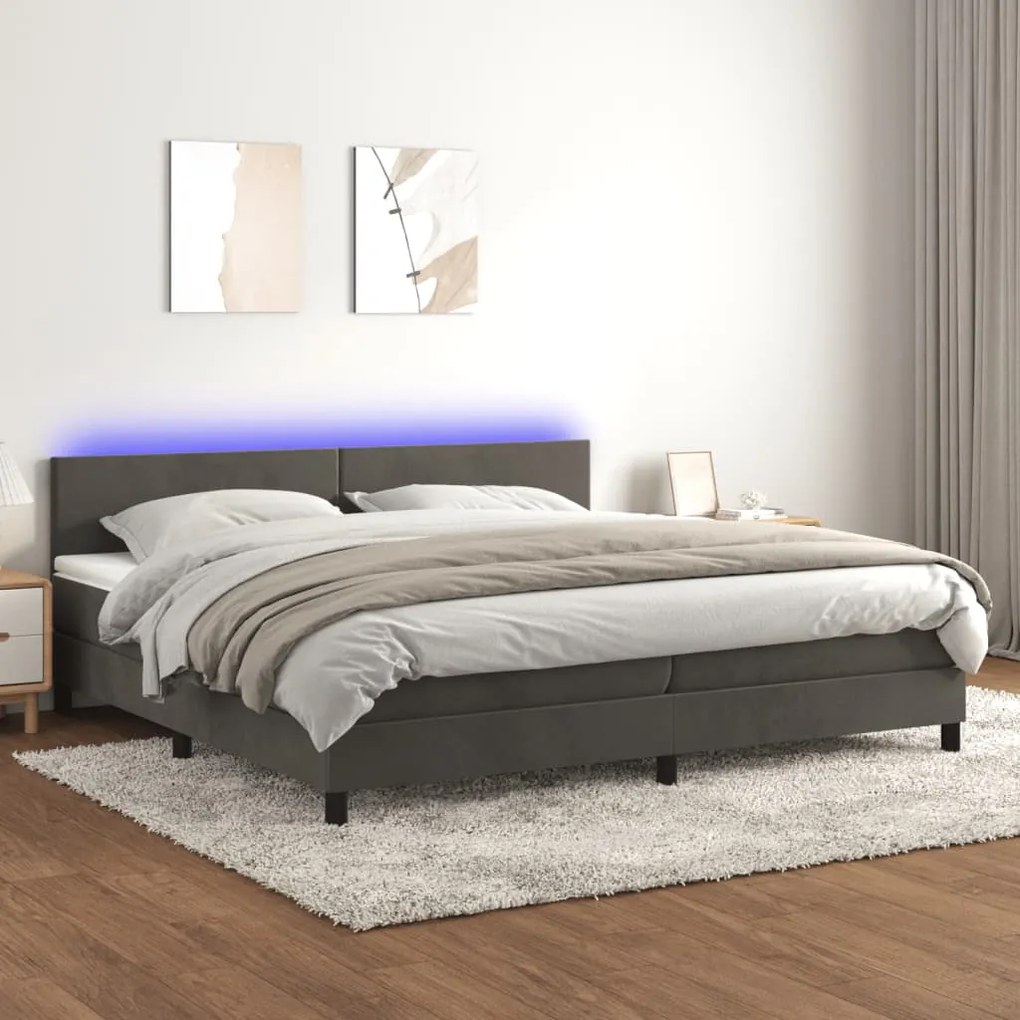 Box spring postel s matrací a LED tmavě šedá 200x200 cm samet,  3134304
