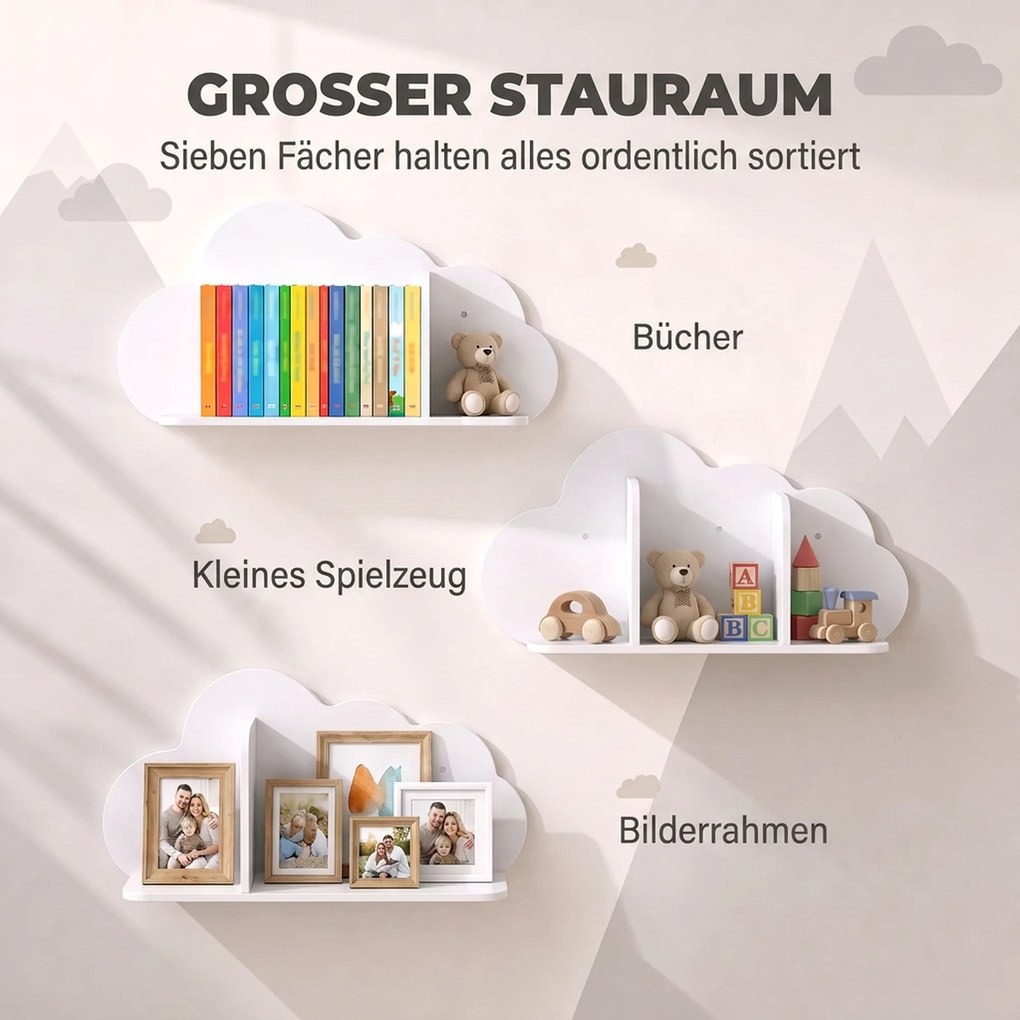 AIYAPLAY sada 3 nástěnných dětských regálů 60 cm, dětský knihovník ve tvaru oblaku, plovoucí knihovník Montessori pro 3–8 let, bílý