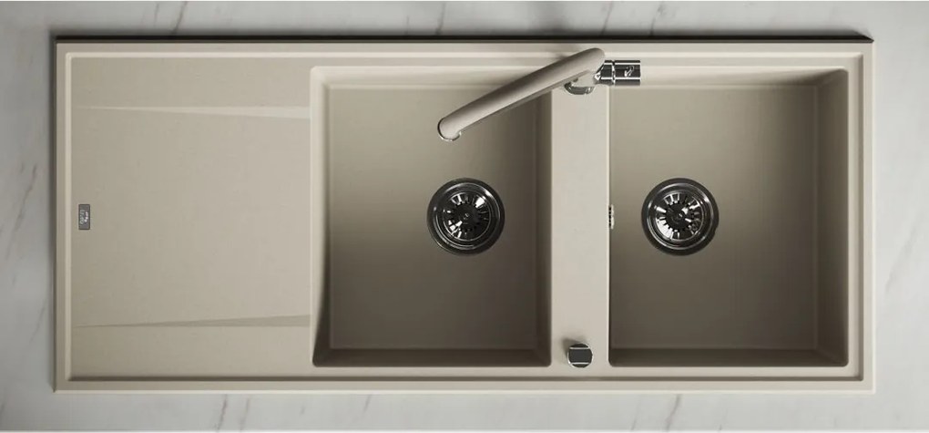 Laveo Megalo, 2-komorový granitový dřez 1160x500x185 mm s dlouhým odkapávačem, béžová, LAV-SBE_421T