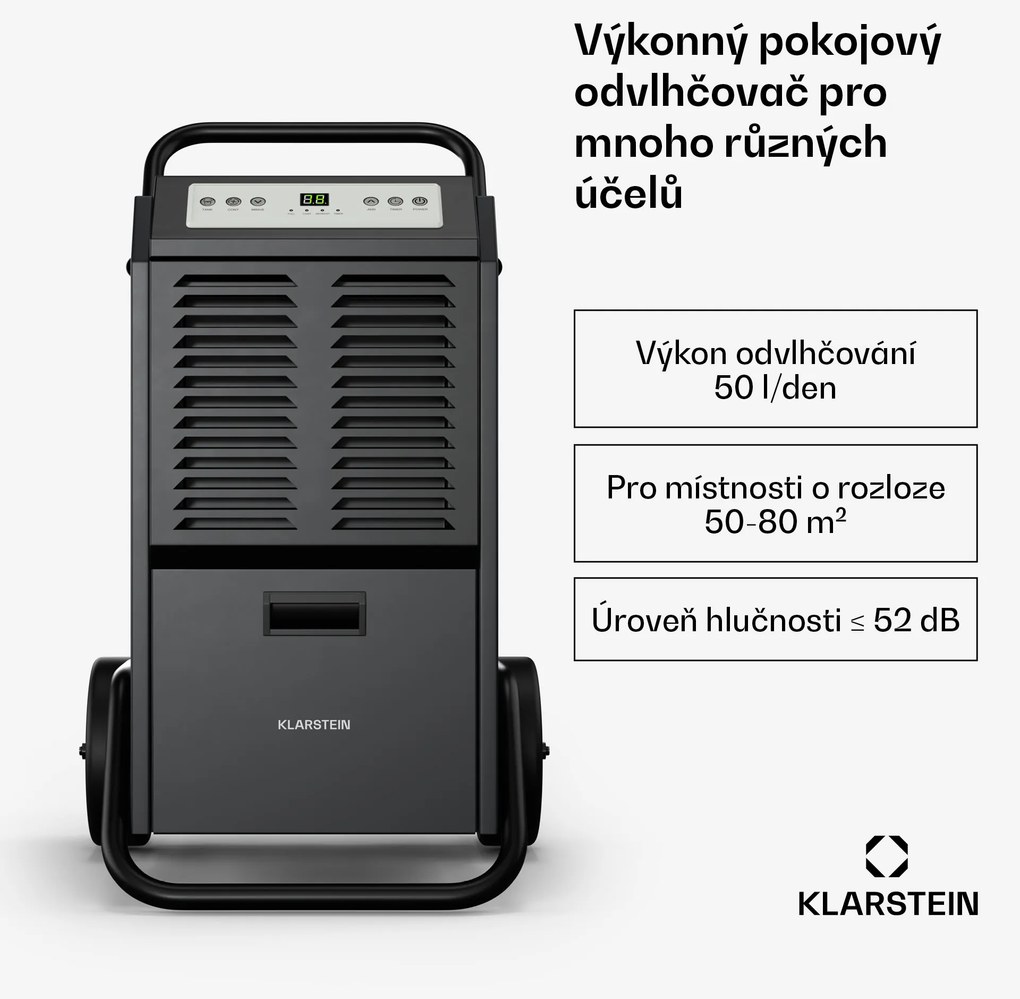 Klarstein DuraDry 50L odvlhčovač vzduchu, 50 l/den, 70-100 m², nerezavějící ocel, mobilní, 450 m³/h