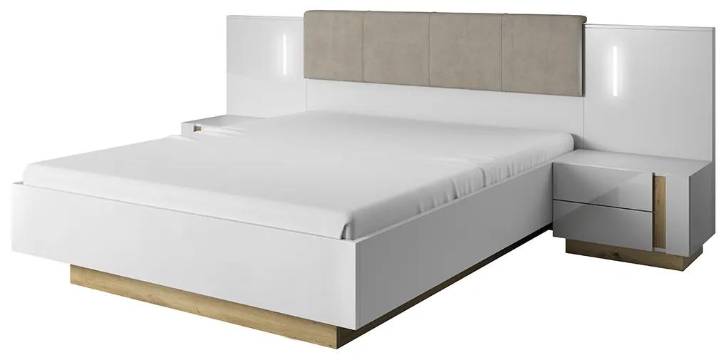 Arco postel 160 s nočními stolky Bílá / Dub Grandson / Bílý lesk Zvolte možnost: rošt kovový rám, plynový píst