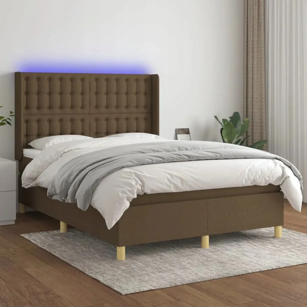 Box Spring Postel S Matrací A Led Textil Tmavě Hnědá tlačítka 140 x 190 c