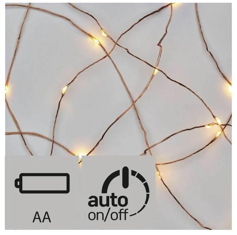 LED vánoční nano řetěz NANO LIGHTS, 20xLED, teplá bílá, 1,9m, 2xAA, časovač, měděný Emos NANO LIGHTS D3AW07