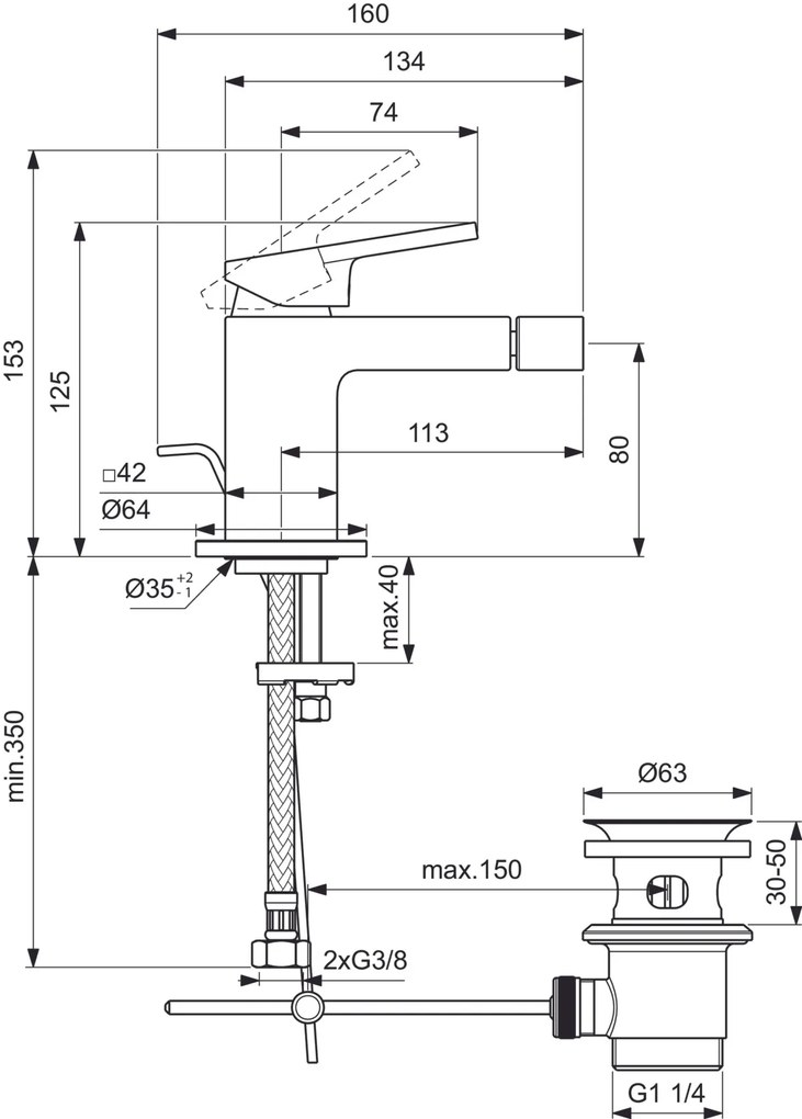 Ideal Standard Extra - Bidetová baterie s odtokovou garniturou, magnetově šedá BD511A5