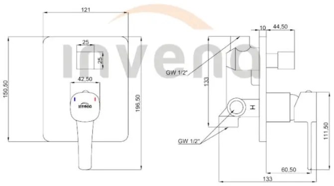 Invena Glamour Trend, podomítková sprchová/vanová baterie 2-výstupová, černá matná, BP-02-4K2-V