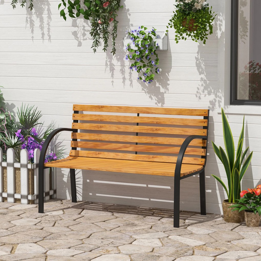 Zahradní lavička Outsunny 2místná lavička z oceli a borovicového dřeva, přírodní vzhled, Š122 x D60 x V83 cm, ideální na zahradu a terasu