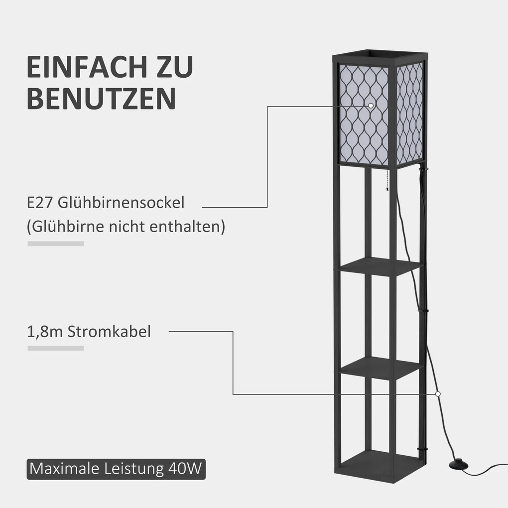HOMCOM Stojací lampa s policemi Stojací lampa, interiérové osvětlení, E27, do 40W, do obývacího pokoje/ložnice, dřevo, černá, 26x26x160 cm| Aosom