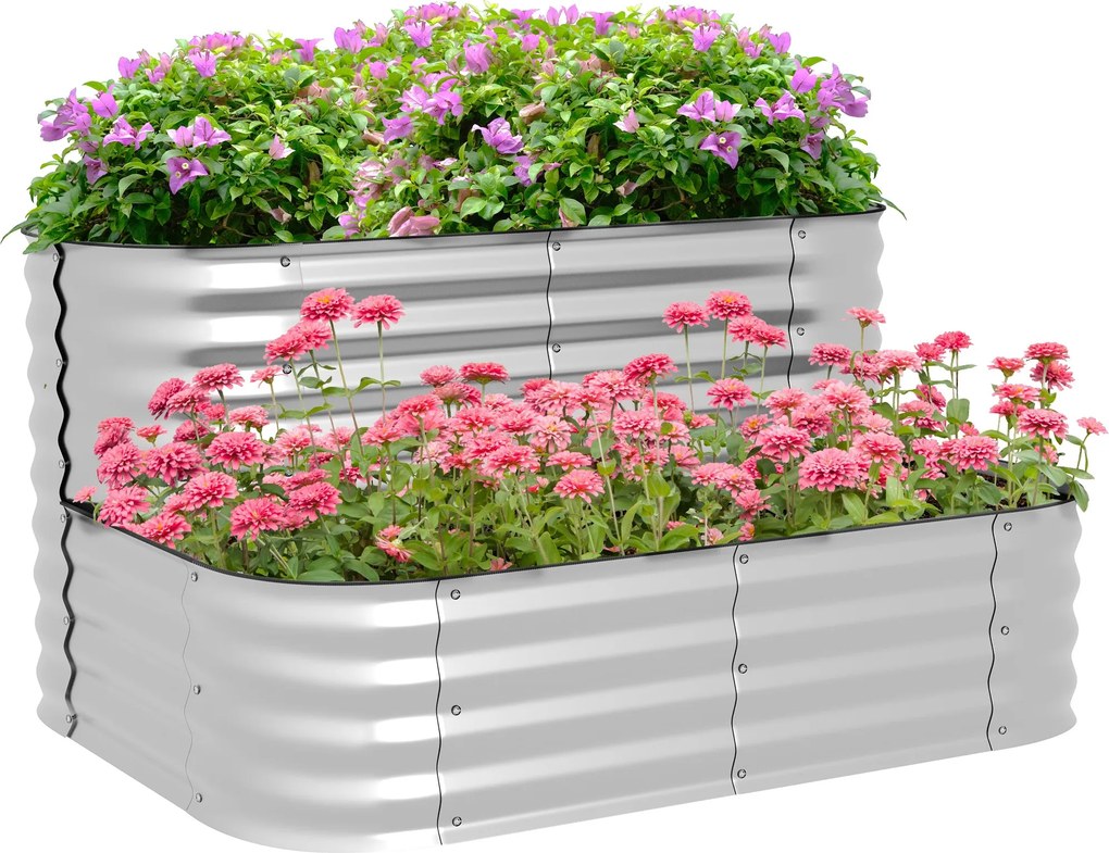 Vyvýšený zahradní záhon Outsunny, dvouúrovňový květináč, rostlinný box, záhon pro zeleninu se šrouby, bylinková zahrada pro zahradu, balkon, stříbrný,