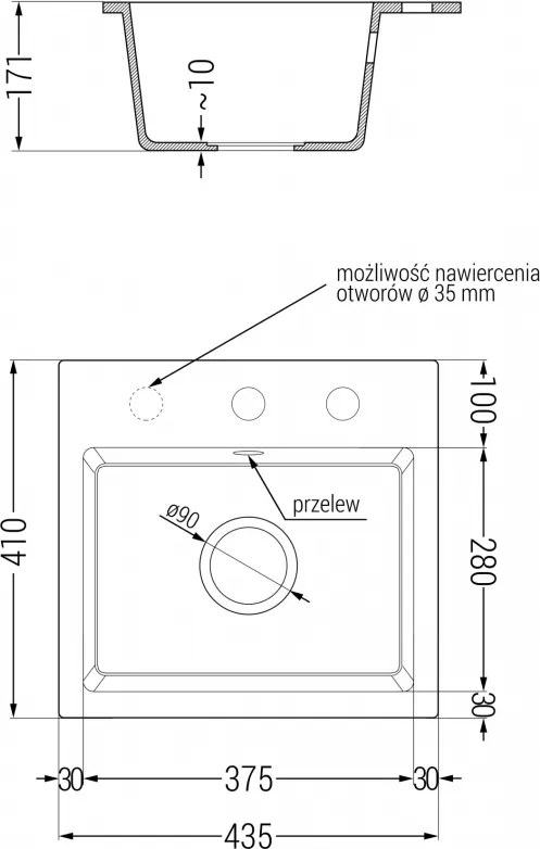 Mexen Milo, granitový dřez 435x410x171 mm, 1-komorový, černá-stříbrná metalíza se zlatým sifonem, 6505441000-73-G