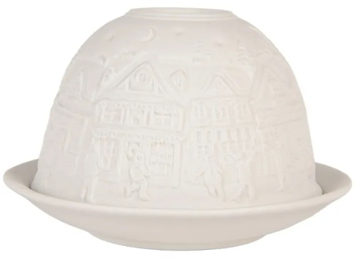 Bílý porcelánový svícen na čajovou svíčku s vánočním tradičním městečkem – 12x8 cm