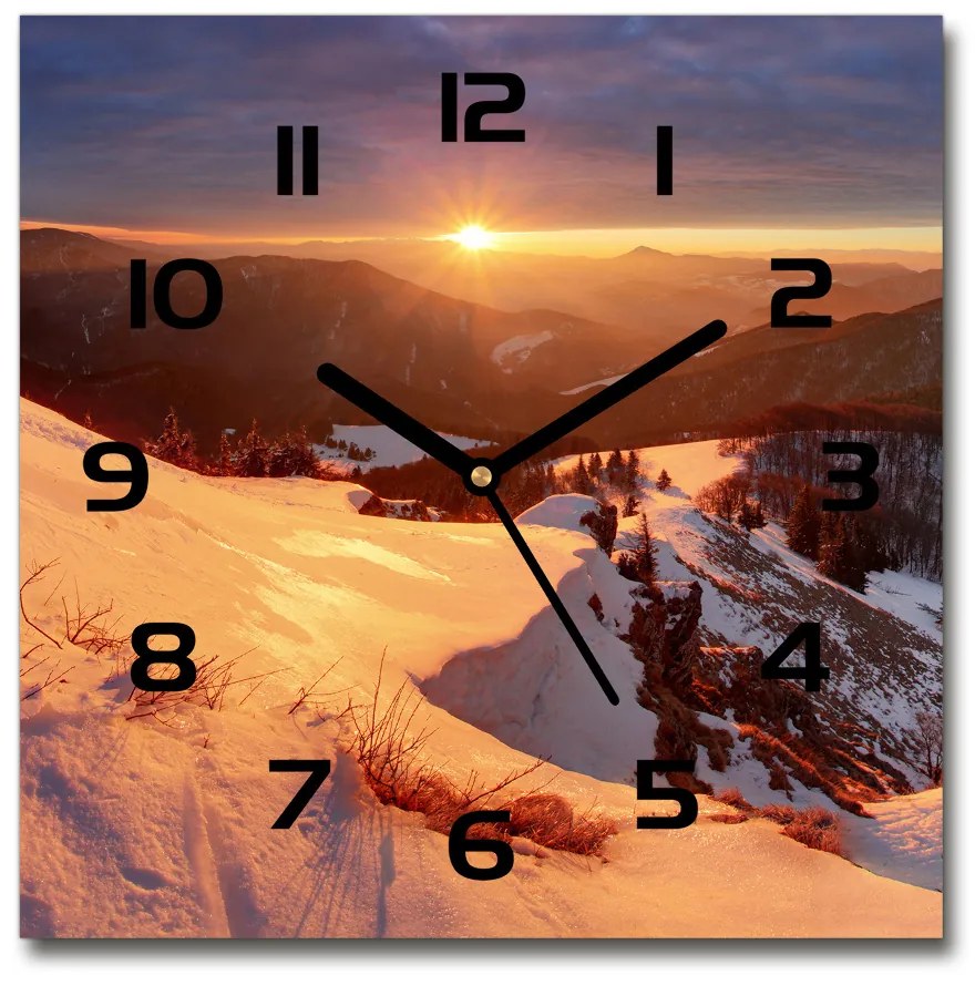 Wallmuralia Skleněné hodiny na stěnu Zima v  horách 30x30 cm