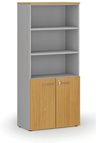 Kombinovaná kancelářská skříň PRIMO GRAY, dveře na 2 patra, 1781 x 800 x 420 mm, šedá/buk