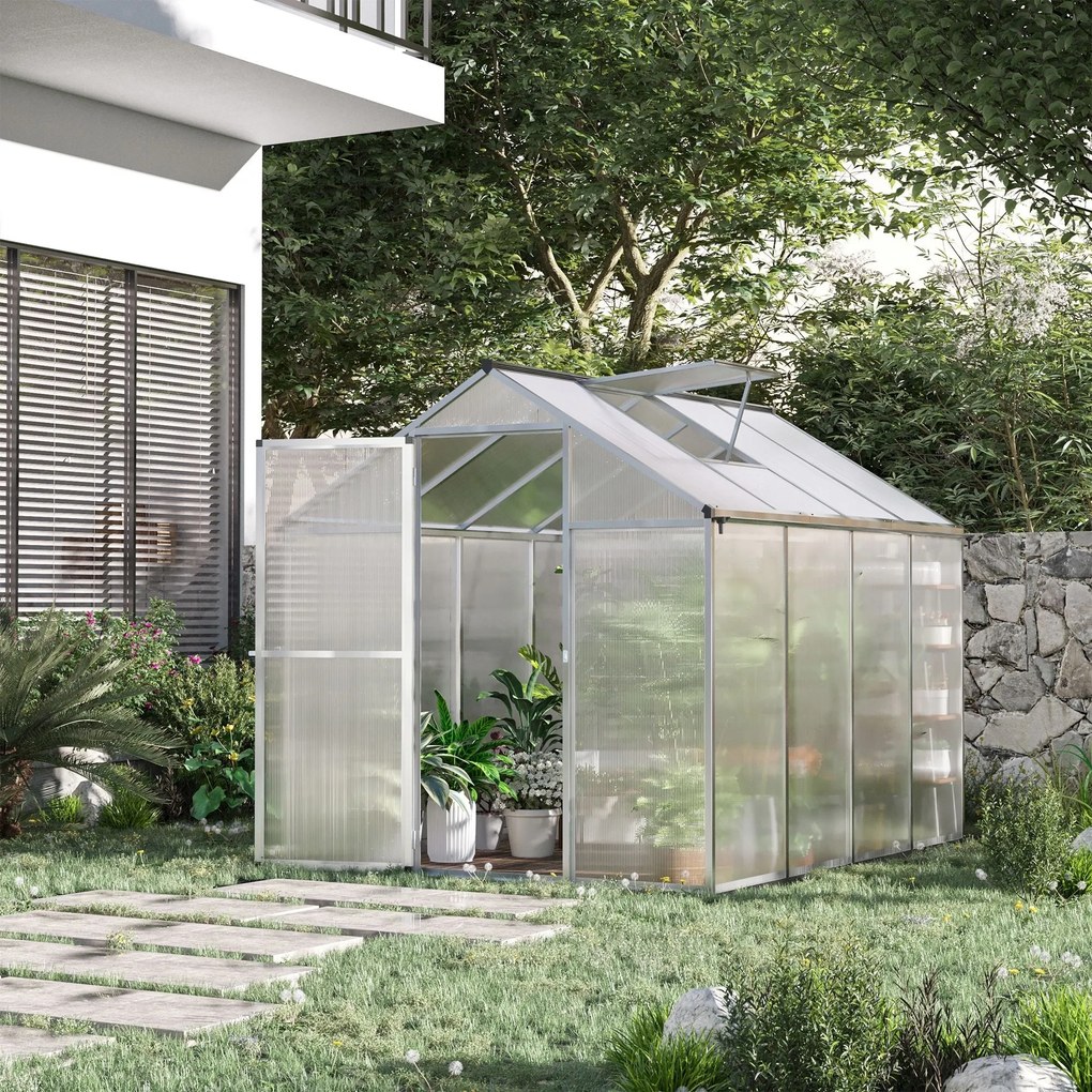 Zahradní skleník Outsunny z hliníku a polykarbonátu 4,6 m² rozměr 2,42D x 1,9Š x 1,95V m s dveřmi na zámek a oknem
